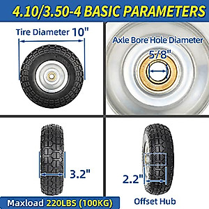 GICOOL 4.10/3.50-4" Flat Free Tire and Wheel, 10" Heavy Duty Solid Tire, 5/8" Axle Bore Hole, 2.2" Offset Hub, for Hand Truck Gorilla Cart Garden Wagon Trolley Dolly Replacement Tire, 2 Pack