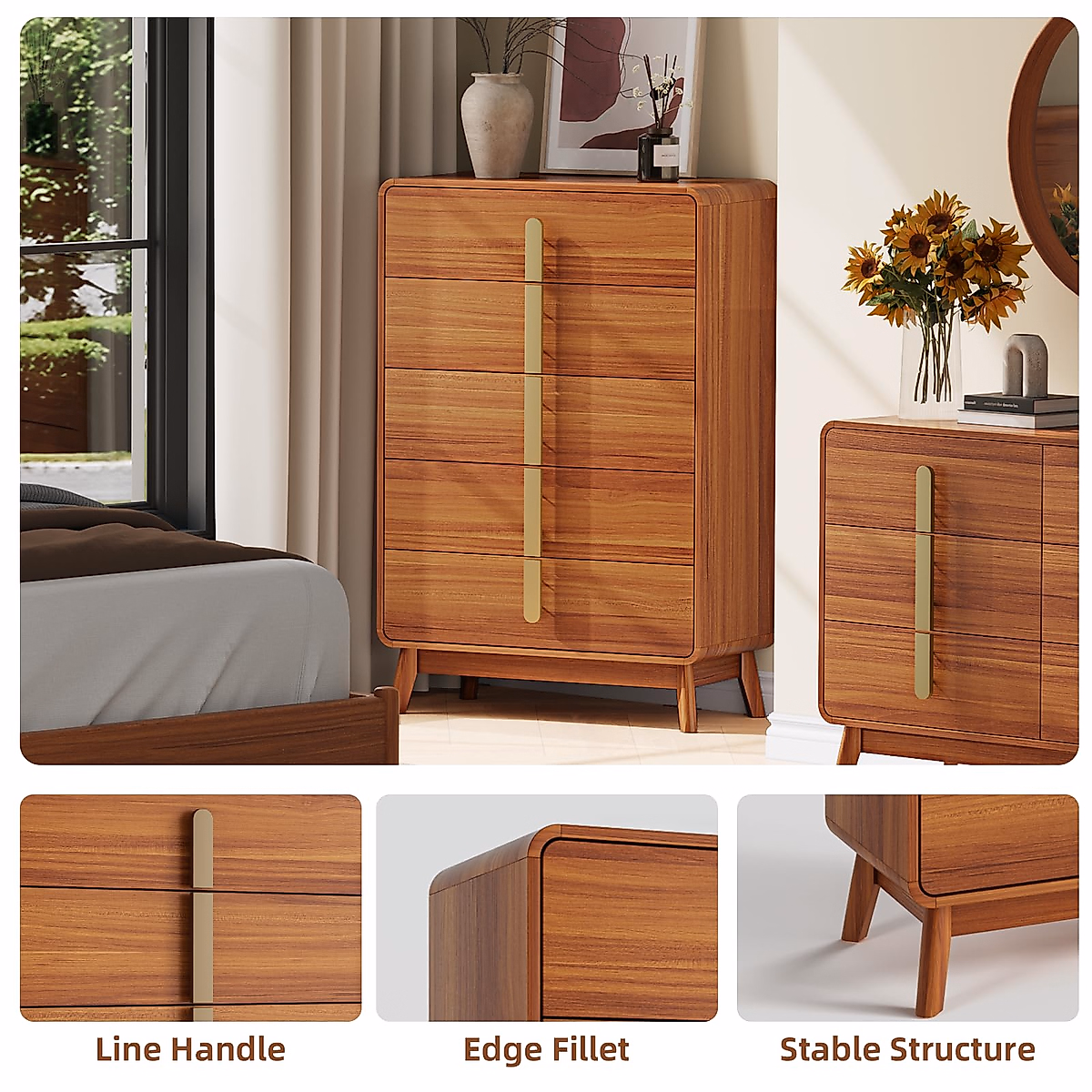 JOINICE,Mid Century Modern Dresser,5 Drawer Dresser with Storage,Chest of Drawers with Metal Handle,Large Wooden Drawer Organizer,Tall Dresser for Bedroom,Living Room,Hallway,Cherry