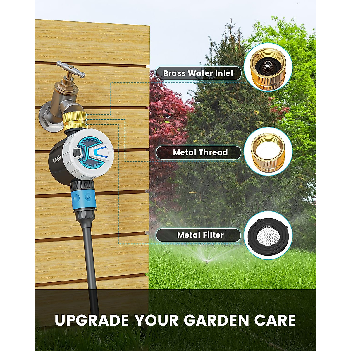 RAINPOINT WiFi Sprinkler Timer Water Timer, Brass Inlet Smart Hose Faucet Timer, Automatic Irrigation System Controller for Yard Watering, APP Control via 2.4Ghz WiFi and Bluetooth (V2, 2024 Release)