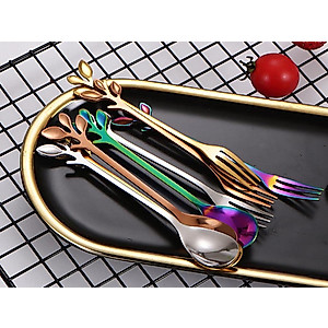 Anller 16 Pieces Stainless Steel Coffee Spoons Dessert Forks, Set of 8 Spoons 8 Forks, Rainbow