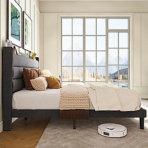 LIKIMIO King Size Bed Frame, Storage Headboard with Outlets, Sturdy and Stable, No Noise, No Box Springs Needed, Dark Gray