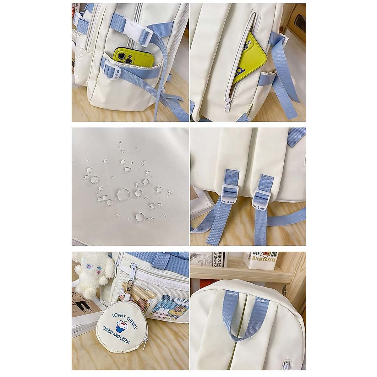 Aesthetic Backpack with Purse and Plushies Cute Kawaii Backpack with Accessories Japanese Backpack for School Teen Girls (Beige Light Blue)