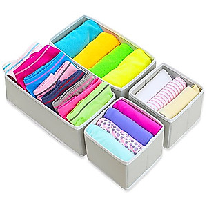 Simple Houseware Foldable Cloth Storage Box Closet Dresser Drawer Divider Organizer Basket Bins for Underwear Bras, Gray (Set of 4)