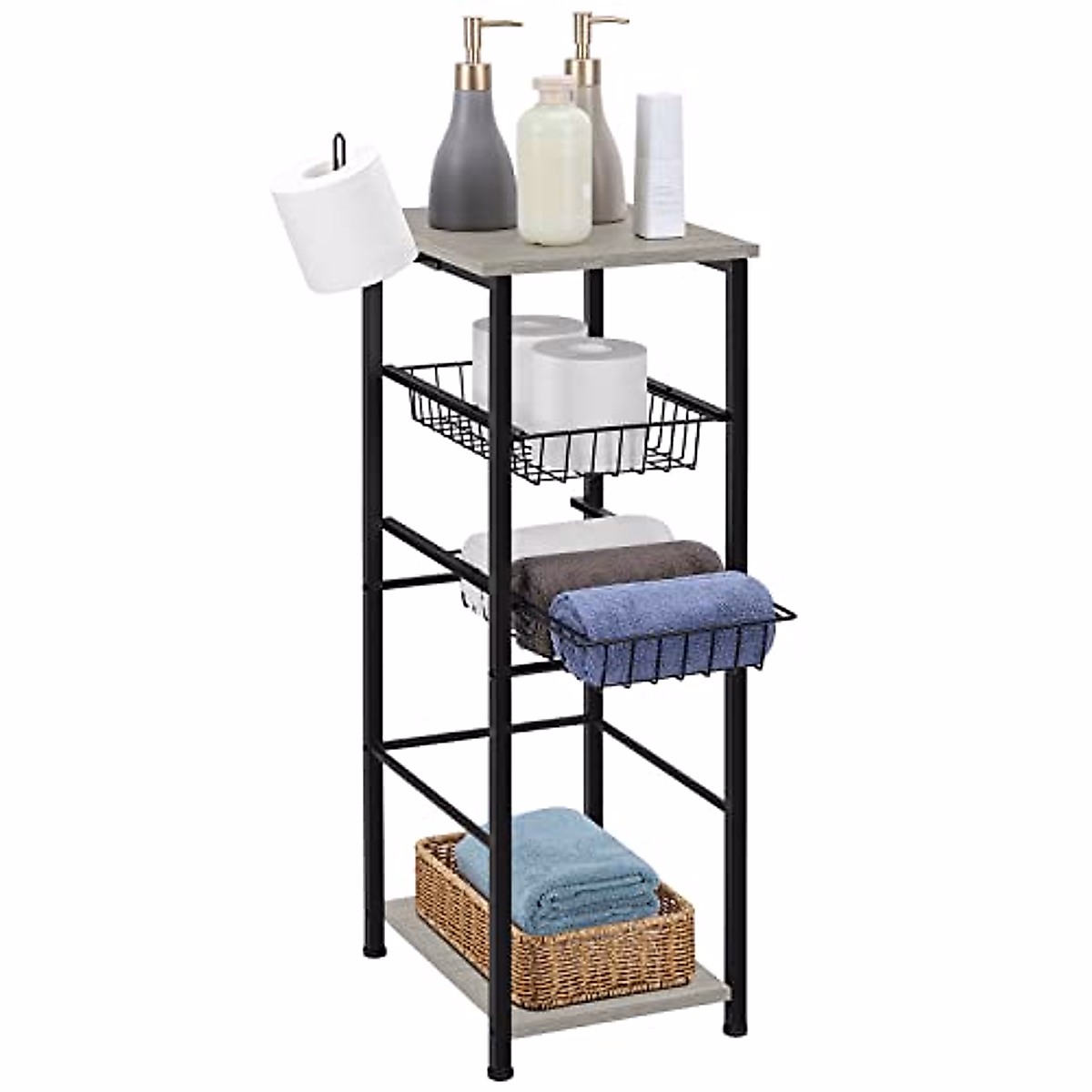 Small Bathroom Shelves, Floor Storage Cabinet with 2 Drawers, Narrow Towel Rack Organizer 4 Tiers, Modern Bathroom Storage Tower Cabinet with Tissue Bar, Standing Units Shelf for Laundry Living Room