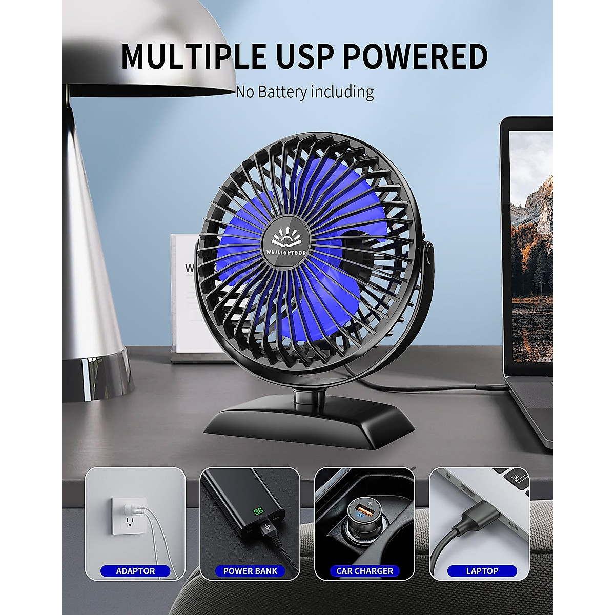 USB Desk Fan, Mini Fan but Powerful, Portable USB Fan with 3 Speeds, Quiet Table Personal Fan, 360°Rotate Coolness, Small Table Fan for Home,Office, Bedroom, Desktop,Travel, USB Powered, Black