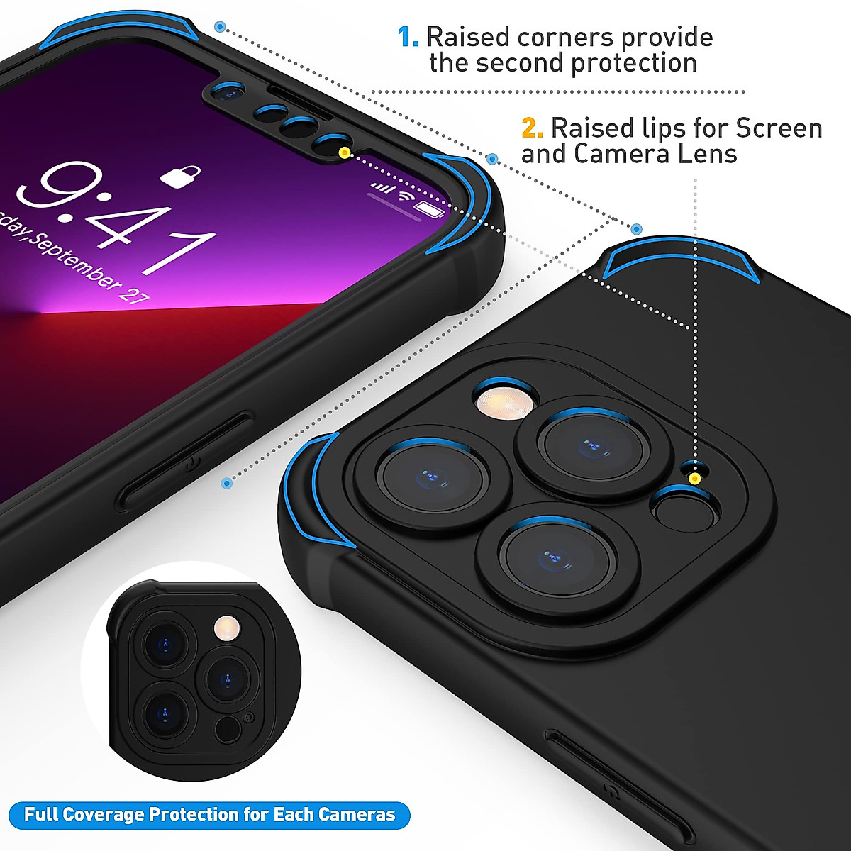 ORETECH for iPhone 13 Pro Max Case, with [2 x Screen Protectors] [15 Ft Military Grade Drop Test] [Camera Protection] 360° Shockproof Slim Thin Phone Case for iPhone 13 Pro Max Cover 6.7" - Black