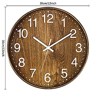 Lumuasky Wood Wall Clock, 12 Inch Silent Non-Ticking Battery Operated Round Clock for Living Room Bedroom Kitchen Home Office