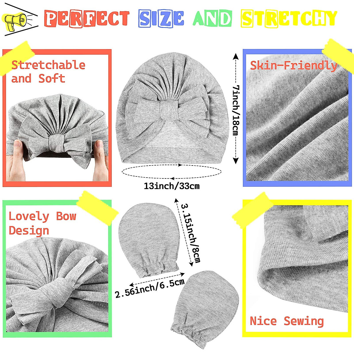 Newborn Girl Turban Hat Gloves Set, Include 4 Pieces Infant Girls Headwraps Toddler Hats and 4 Pairs Infant No Scratch Mittens Gloves (Bowknot Style)