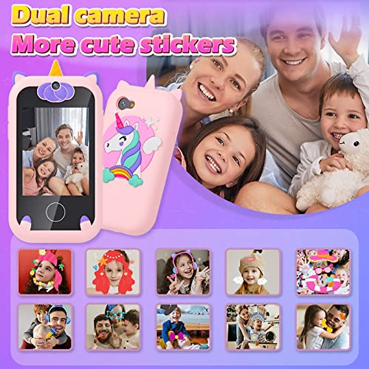 Lizzbey Unicorn Phone for Girls Age 3-8 - Touchscreen Learning Toy with Camera and 8G SD Card