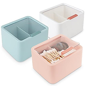 FHDUSRYO 3Pcs Q-tips Holders, White Pink Blue Cotton Swab Ball Dispenser Boxes, 2 Slots Q-tips Storage Box, Cotton Pad Organizer Container with Hinged Lid for Bathroom Dresser Home Decor