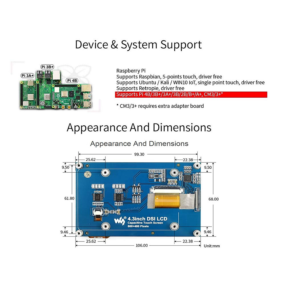 XYGStudy 4.3inch for Raspberry Pi IPS LCD Capacitive Touch Display Screen 800×480 4.3inch IPS Wide Angle MIPI DSI Interface for Raspberry Pi 4 3 2 Model B B+ A+ Raspbian Retropie Ubuntu Driver Free
