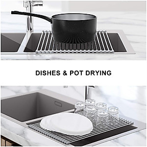 SunCleanse 17.8"×11.8" Roll-Up Dish Drying Rack, Over Sink Dish Drying Rack Drainer, Multi-Use Stainless Steel Foldable Dish Rack for Kitchen Sink Countertop, Grey