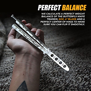 VORNNEX Practice Butterfly knife Trainer with Sure Spring Latch, Full Stainless Steel Black Dull Balisong, Unsharpened Butterfly knives Comb for CSGO Training(Silver)
