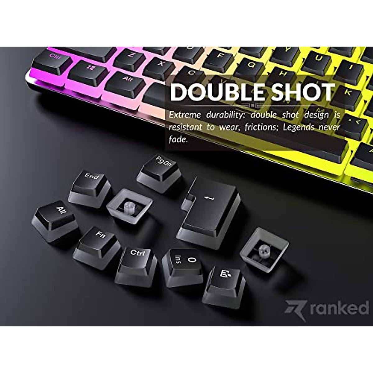 Ranked Pudding v2 PBT Keycaps | 145 Double Shot Translucent ANSI US & ISO Layout | OEM Profile for Full Size, TKL, 75%, 65% and 60% RGB Mechanical Gaming Keyboard (Black)