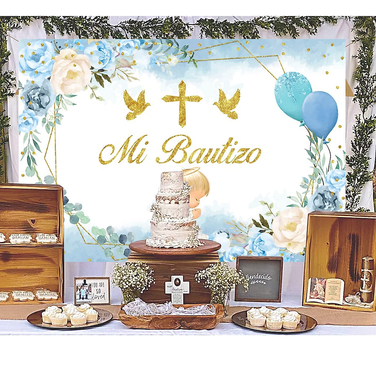 Lexfvpoo Mi Bautizo Baptism Backdrop 7x5ft First Holy Communion Christening Decorations Blue Flower Cute Angel God Bless Background for Boy Vinyl Mi Primera Comunion Banner Photo Shoot Props