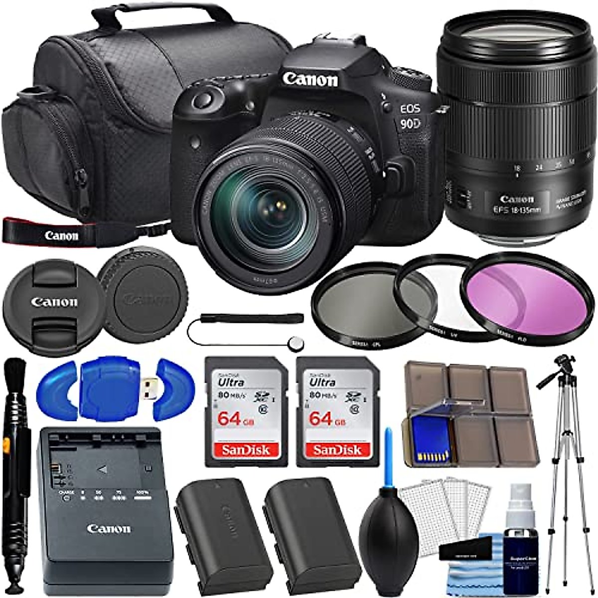 Camera EOS 90D DSLR Camera Bundle with 18-135mm is USM Lens, 128GB Memory, 3pc Filter Kit + Deluxe Bag + Professional Kit