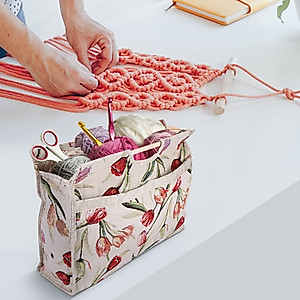 Knitting Tote Bag,Exquisite Practical Wood Handle Woven Fabric Storage Bag for Knitting Needles Sewing Tools(Red Flower)
