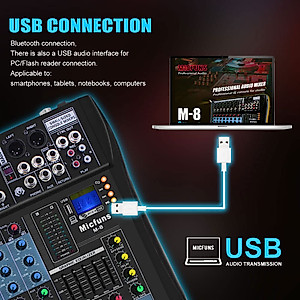 DJ Console Mixer Micfuns 8 Channel with Sound Board USB Bluetooth Audio Interface 48V Phantom Power Mixer Use for DJ Studio PC Recording Singing Webcast Party