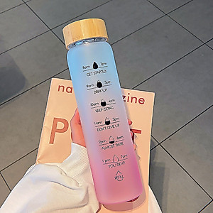 HOLABEAR Glass Motivational Daily Water Intake Bottle with Time Marker 32oz, Reusable, with Leakproof Bamboo Lid and Shoulder Sleeve, for Hot and Cold Drinks, BPA Free(Blue)