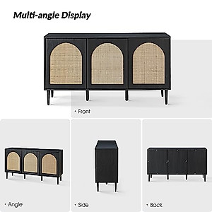 HULALA HOME Farmhouse Sideboard Buffet Cabinet with 3 Rattan Doors and 3 Shelves, Kitchen Storage Cabinet with Solid Wood Legs, Console Table Accent Cabinet for Living Room Dining Room Entrywa, Black