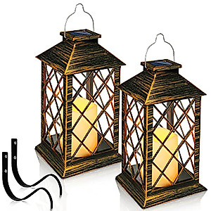 Fuairmee Solar Lanterns Outdoor Waterproof, Set of 2 Hanging Lantern with Brackets, 14 inch LED Flickering Flameless Candle Lights, Outdoor Lanterns for Front Porch Pathway Courtyard Party Patio