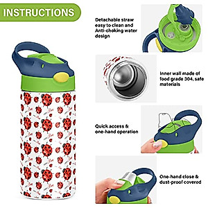 ALAZA Watercolor Funny Insects Ladybug Kids Water Bottles with Lids Straw Insulated Stainless Steel Water Bottles Double Walled Leakproof Tumbler Travel Cup for Girls Boys Toddlers 12 oz / 350 ml,Gree