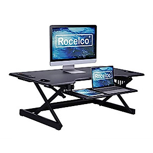Rocelco 46" Height Adjustable Standing Desk Converter - Desktop AC USB Charger - Sit Stand Up Triple Monitor Riser - Tall Computer Workstation - Retractable Keyboard Tray - Black (R DADRB-46-ACUSB)