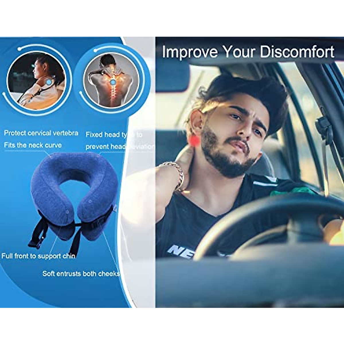 HAPPYBAG Neck Pillow for Travel Memory Foam Neck Support Pillow,Portable Removable and Machine Washable,for Airplane Car Home Use Sleeping Rest Headrest (HD-Blue)