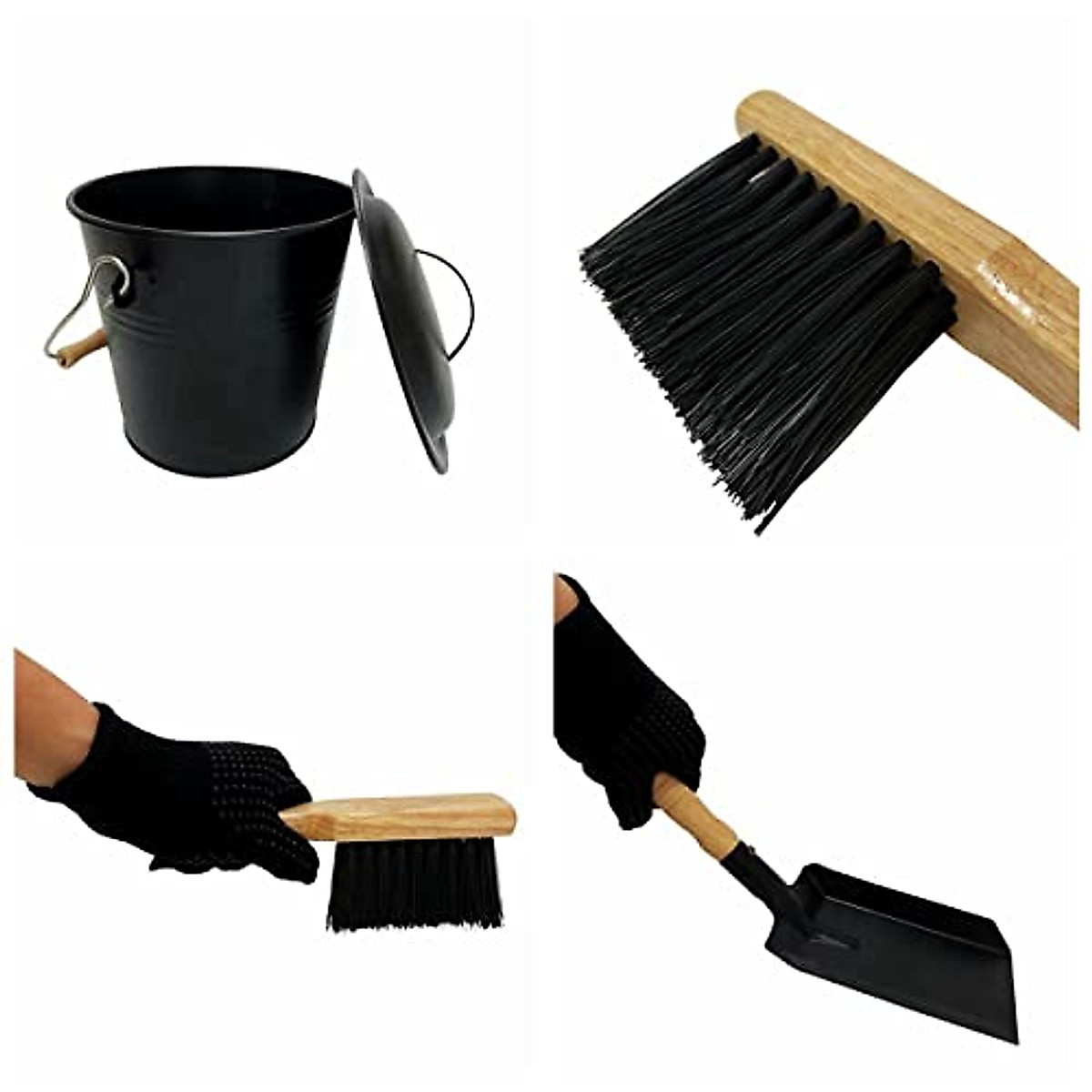 Mini Ash Bucket with Shovel, Gloves and Hand Broom, 1.5-Gallon Pail with Lid, Metal Bucket Coal and Ash Carrier Wood Pellet Storage Container Tool Set for Fireplace Fire Pit, Iron Ash Stove