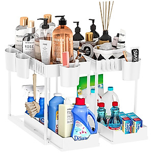 DILEASIR Under Sink Organizers and Storage Bathroom 2Pack, 2 Tier Kicthen Cabinet Basket Organizer, with Hooks, Hanging Cup, Dividers, Handles, Multi-purpose Under Sink Shelf Organizer, White