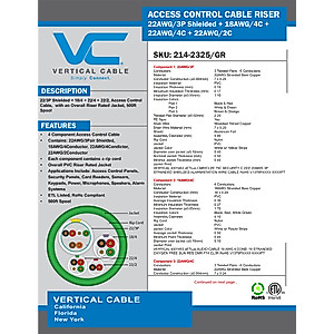 Vertical Cable Access Control Cable Riser: 22AWG/3 Pair Shielded + 18AWG/4 Conductor + 22AWG/4 Conductor + 22AWG/2 Conductor, Stranded Bare Copper Conductors, Green, 500ft Spool