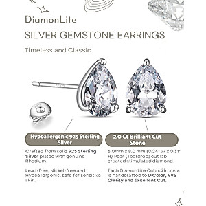 DiamonLite 2 Ct Teardrop CZ 925 Sterling Silver Studs Earrings for Women and Men - Pear Cubic Zirconia Earrings Studs, 925 Silver Cubic Zirconia Earrings, Silver Studs Earrings for Women and Men
