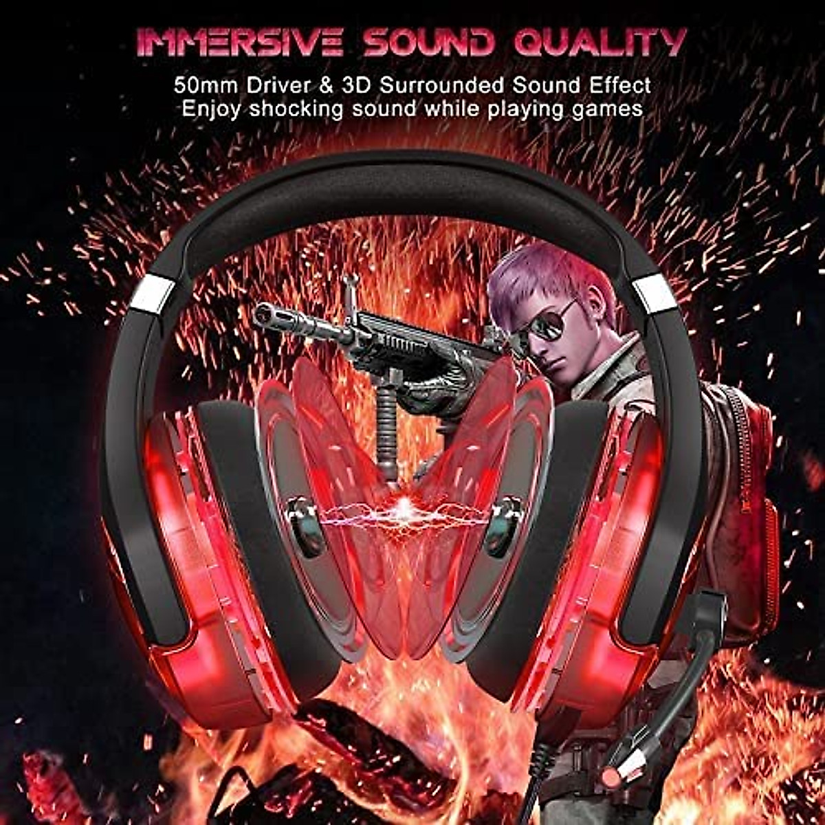 ONIGAL Gaming Headset with Stereo Surround Sound, Gaming Headset with Mic & LED Light Noise Cancelling Over Ear Headphones for 360