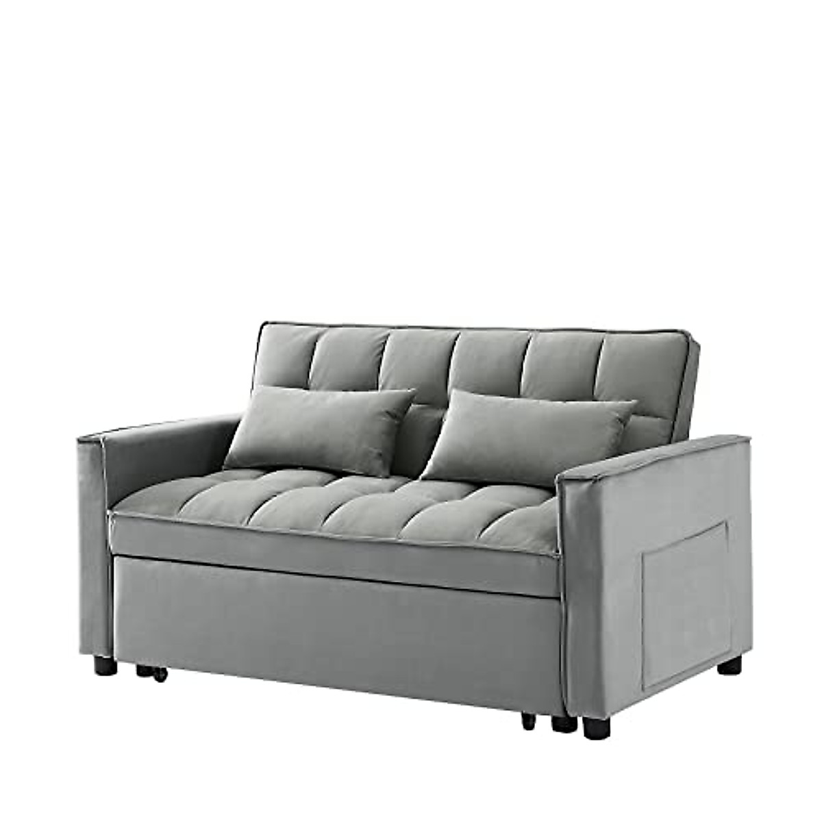 FULife Bed Convertible Sofa Pull-Out Sleeper, Loveseat Futon Sofá Chair w/Adjustable Reclining Backrests,Side Pockets&2 Pillows,Velvet Small Love Seat Lounge Couch, Grey-b