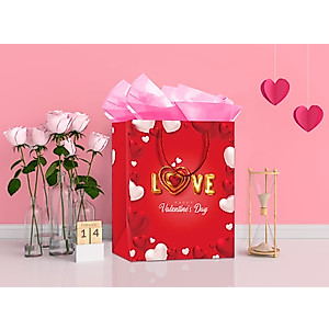 WhatSign Valentine Gift Bags Happy Valentines Day Gift Bags with Handles 11.5" Valentine's Paper Gifts Bags with Tissue Paper Valentines Gifts Bags for Her Him Girlfriend Boyfriend Wife Husband Women
