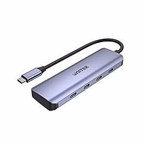 UNITEK Aluminium Hub 4-in-1 USB 3.2 Gen1 Data Transfer 5Gbps Integrated Cable 15 cm with USB-C Connector 4 USB-C Ports Plug and Play Colour Space Grey Recommended for Ultrabooks
