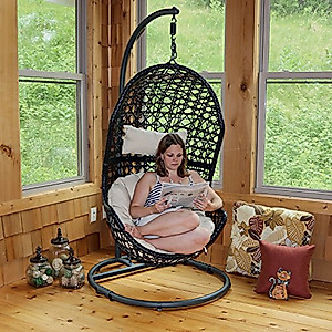 Sunnydaze Cordelia Hanging Egg Chair with Steel Stand Set - Resin Wicker - Outdoor Large Basket Design Patio Lounge Chair - Includes Beige Cushion and Headrest