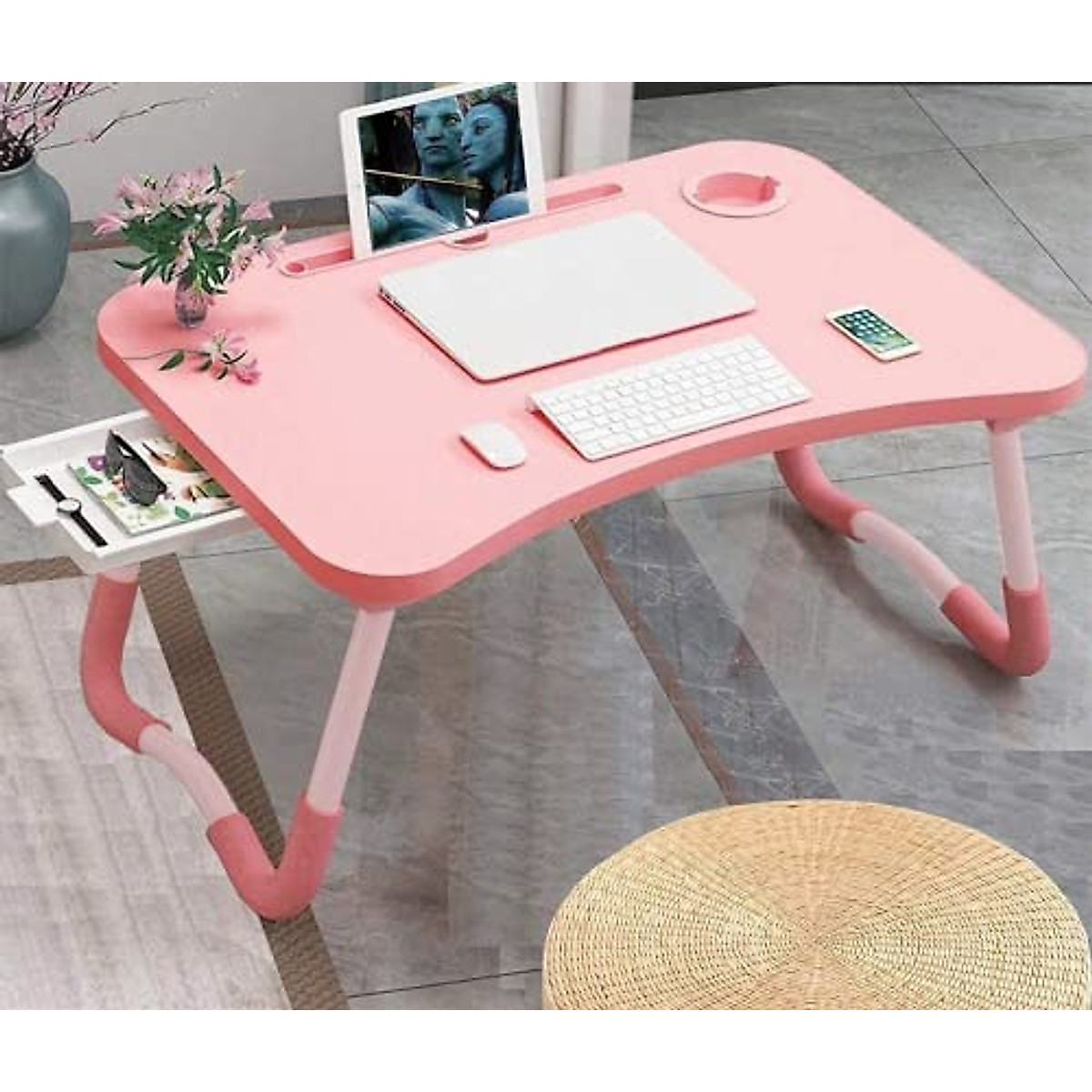 Laptop Desk Foldable Bed Table, Portable Lap Desk Laptop Bed Tray Table with Storage Drawer and Cup Holder, Lap Tray Table Notebook Stand Reading Desk Breakfast Tray for Bed Couch Sofa Floor – Pink