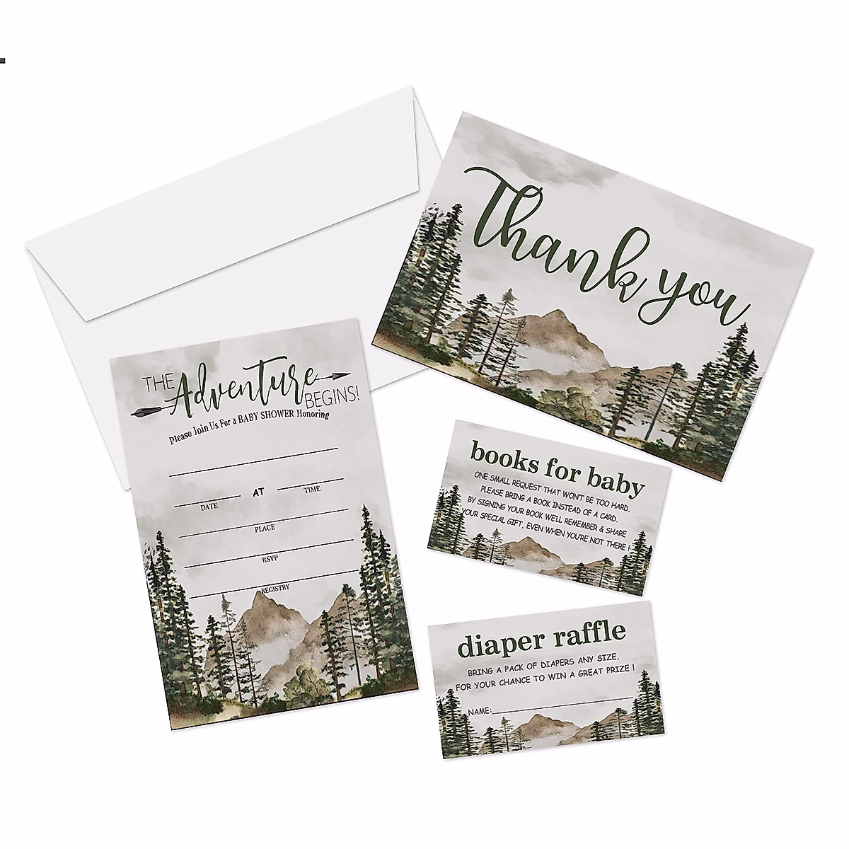 Yuansail Baby Shower Invitation Set, Fill In Invites Cards, Books For Baby, Diaper Raffle, Thank You, The Adveture Begins, Each Design 25 Cards & Envelopes (Total 100 Cards) – (bb003-taozhuang)