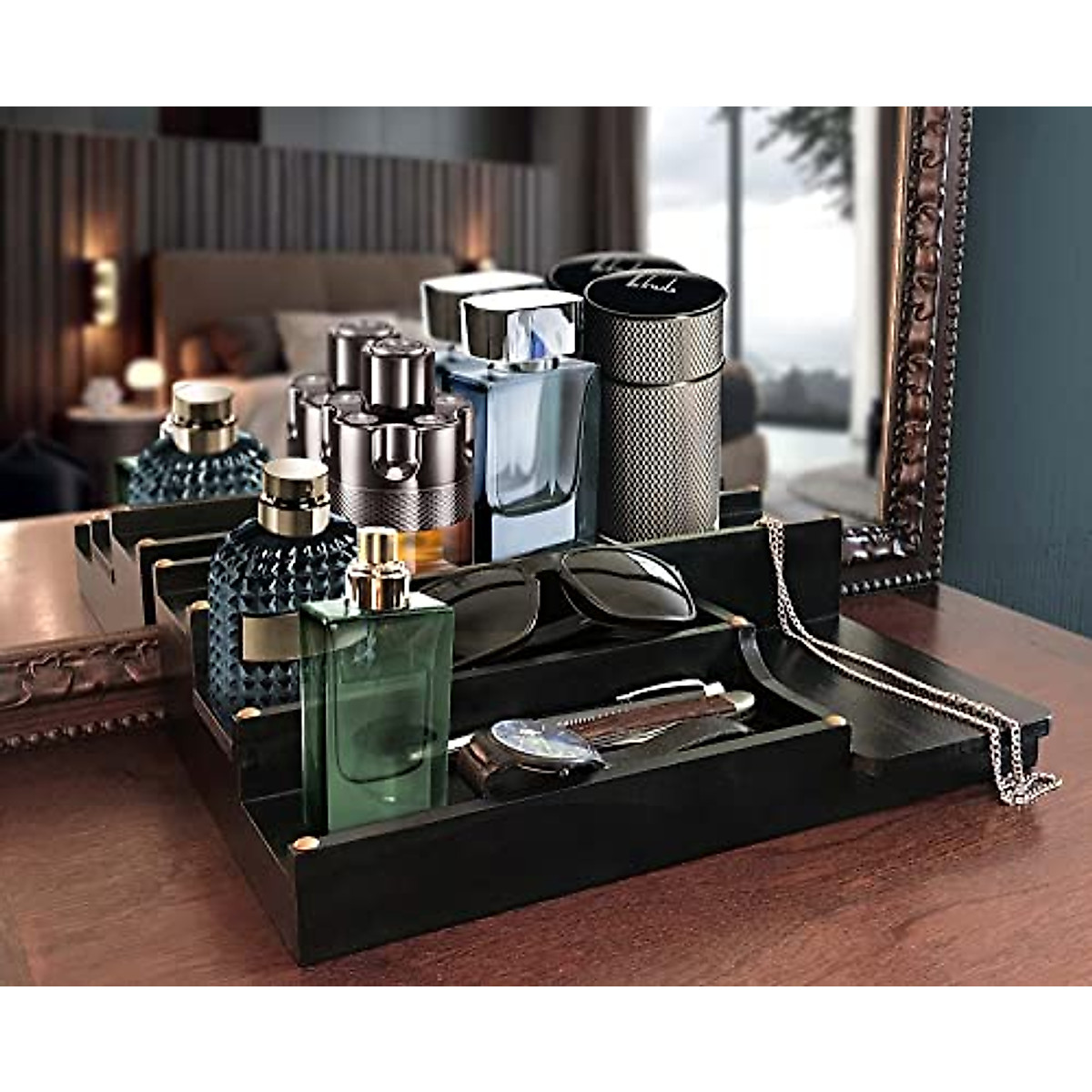 ALCEDIA Cologne Organizer for Men - 4 Tiered Solid Wood Cologne Stand Display Shelf with Hidden Compartment. Vanity Organizer, Perfume Organizer, Spices Organizer and Funko Pop Shelves. (Rustic Black)