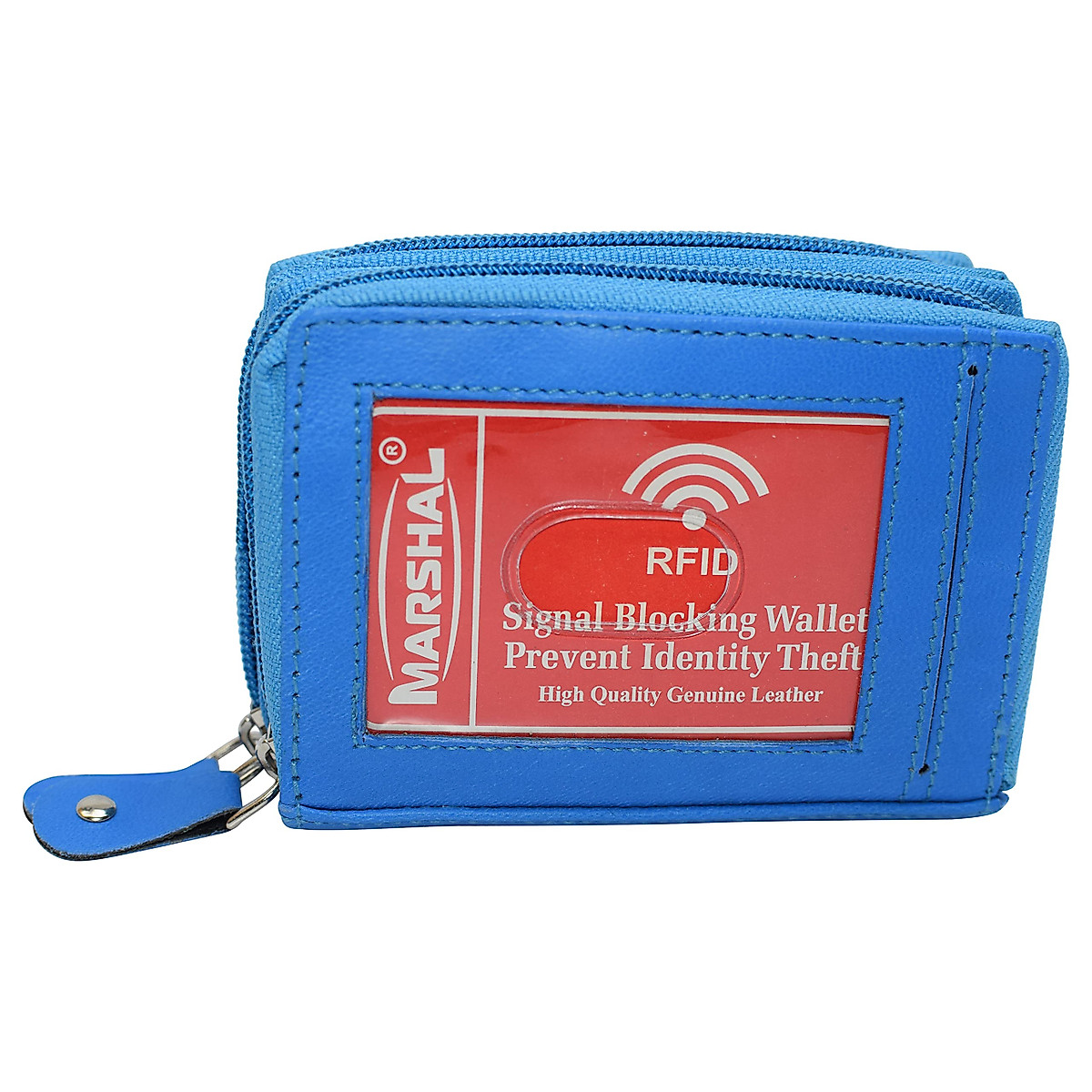 MARSHAL Genuine Leather RFID Identity Protected Double Zippered Accordion Wallet (Baby Blue)