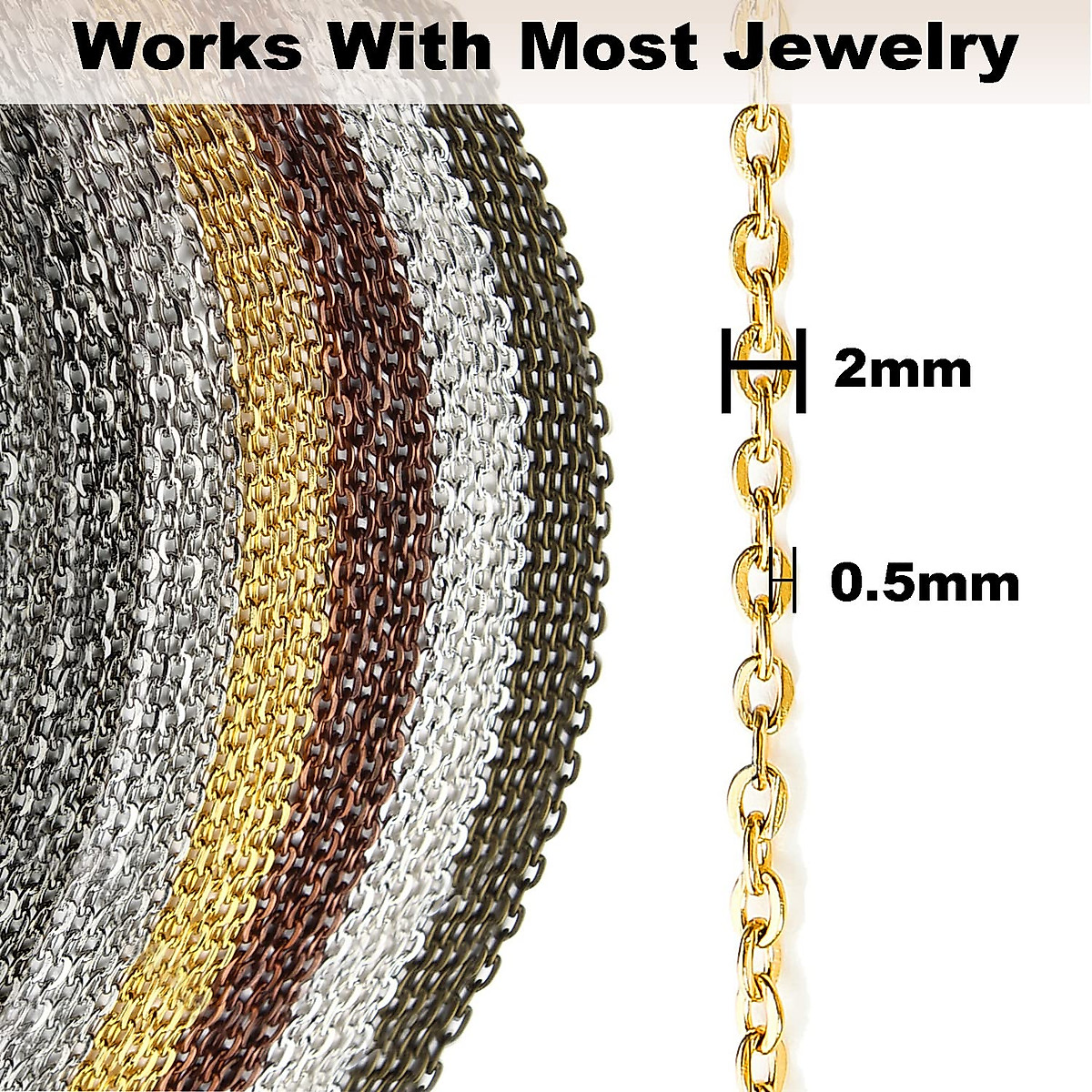 Jishi Chains Jewelry Making Supplies, 60ft Cable Link Chains for Making Jewelry Necklace Earring Bracelet Findings DIY Craft Kit for Adults, 6-Color 2mm Gold Silver Copper Plated Metal Link Rolls Bulk