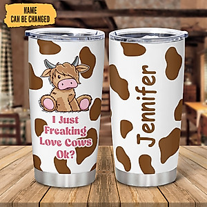 Hyturtle Personalized Gifts For Highland Cow Lover - Birthday Christmas - I Just Freaking Loves Cows Ok Custom Name Stainless Steel Tumbler 20oz With Lid - Cow Heifer Lover Gifts For Her Women Girl