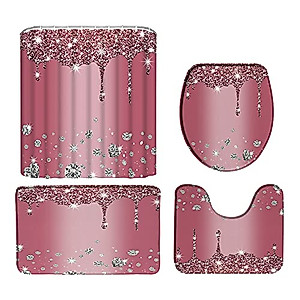 DSMEUE Glitter Diamond 4 Piece Shower Curtain Sets with Rugs，Pink Silver Shiny Drips Falling Bling Women Girl (No Glitter) 70" x 70" Bathroom Curtain and 17.8"x29.5" Bath Mat,Toilet Cover, U-Shaped