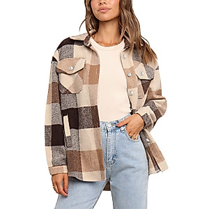 UANEO Womens Plaid Shacket Button Down Wool Blend Fall Flannel Shirt Jacket (Brown-L)