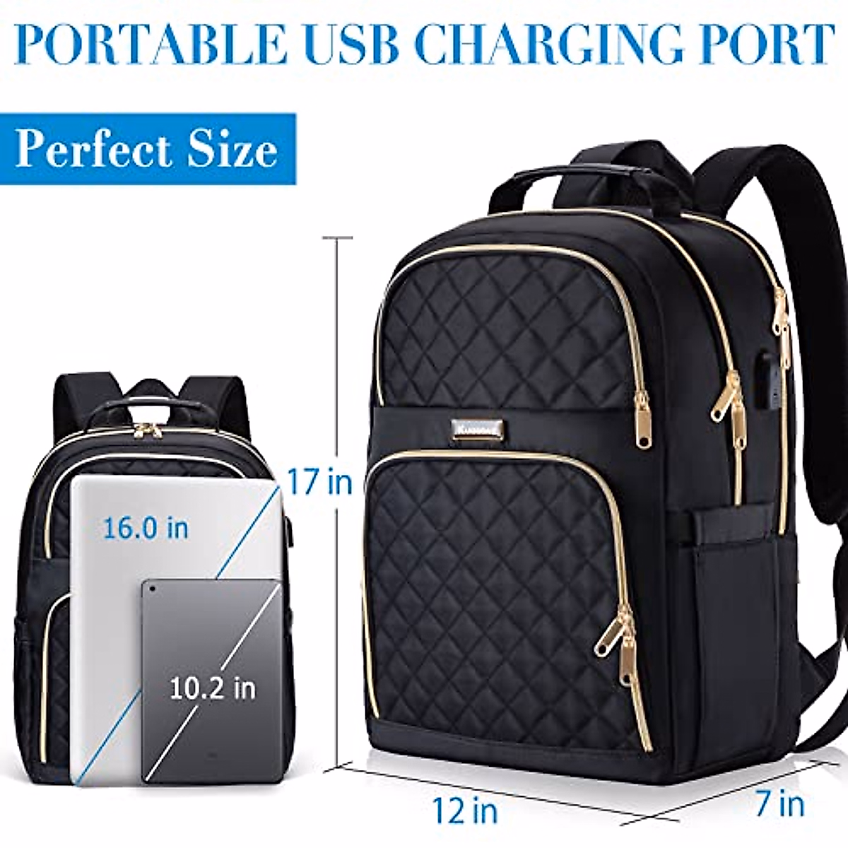 Laptop Backpack for Women, Large School Backpack for Teens, 15.6 Inch Travel Quilted Backpack Purse, Computer Bags with USB Charging Port, Large Capacity Back Pack for College Work Business, Black