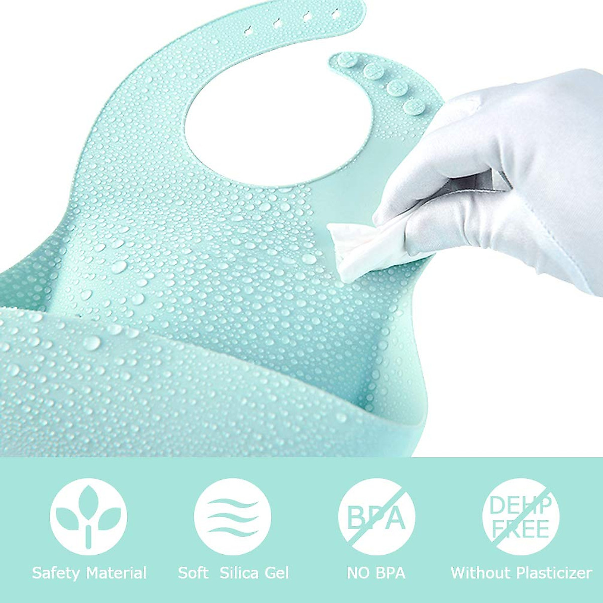 Maveek 2 Pack Silicone Baby Bib, Waterproof Babies Feeding Bib Adjustable Rubber Baby Bibs with Food Catcher Pocket for Toddlers, Easily Wipe Clean, Green & Pink