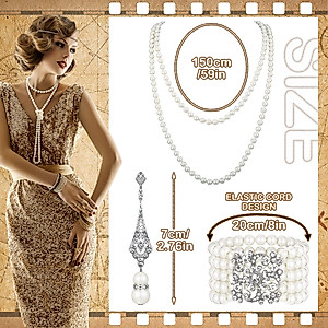 Maitys 3 Pcs 1920s Pearl Jewelry Set Includes Vintage Flapper Earrings Multilayer Imitation Pearl Necklace Bracelet for Women(Charming)