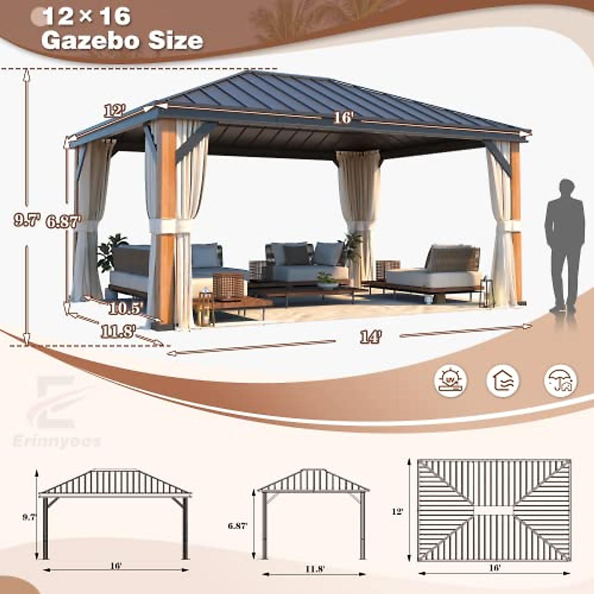 Erinnyees 12' x 16' Hickened Columns and Beams Hardtop Gazebo, Outdoor Wood Grain Frame Aluminum Gazebo, Galvanized Steel Single Roof with Netting and Curtains for Garden Patio, Lawns