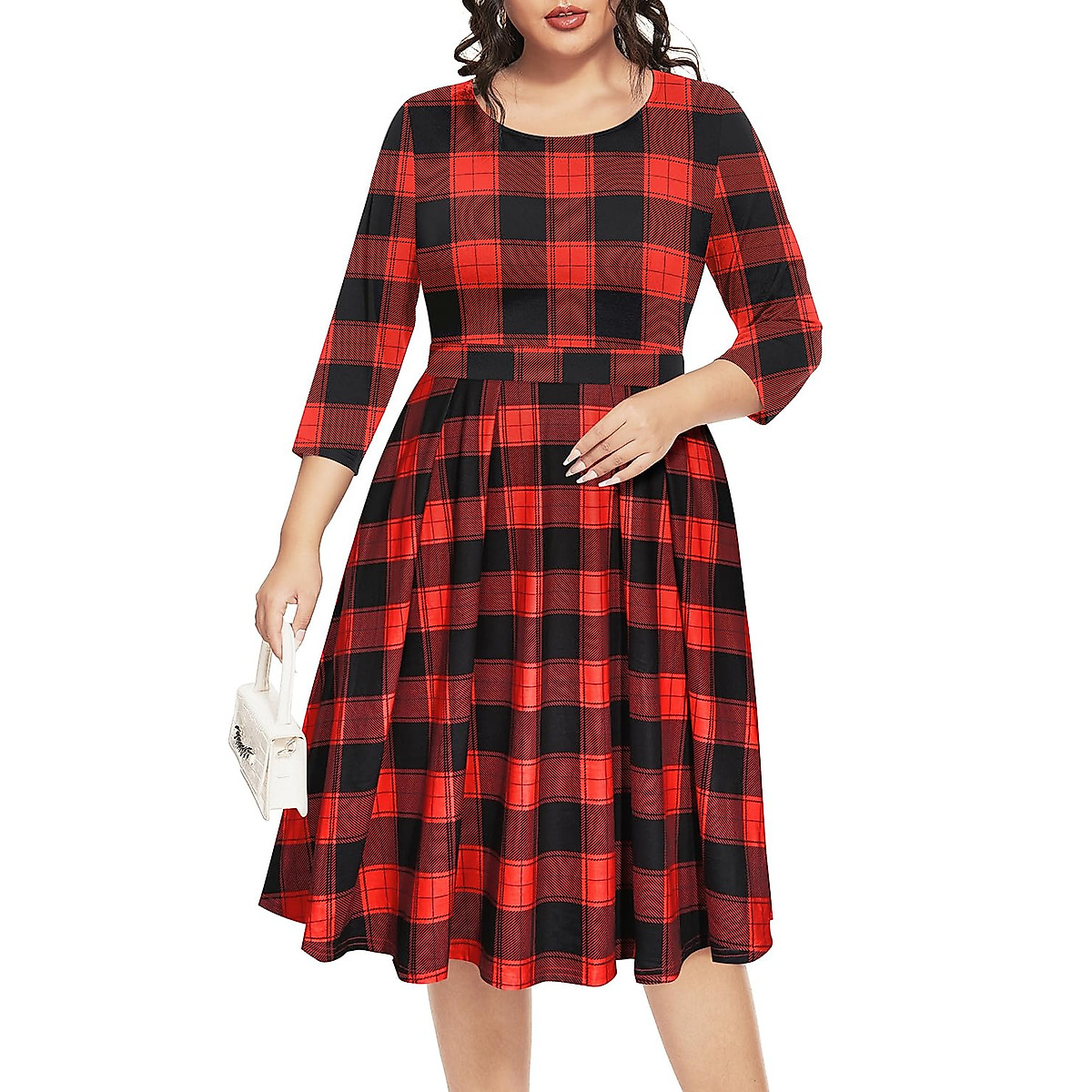 Plaid Dresses Women Plus Size Christmas Buffalo Black Red Holiday Xmas Party Fit Flare Pockets Long Sleeve Midi Dress
